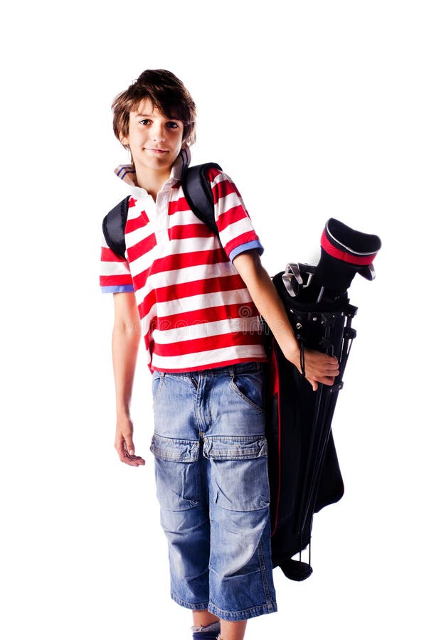 Young Boy with Golf Bag, Isolated Stock Photo - Image of smiling, clip ...
