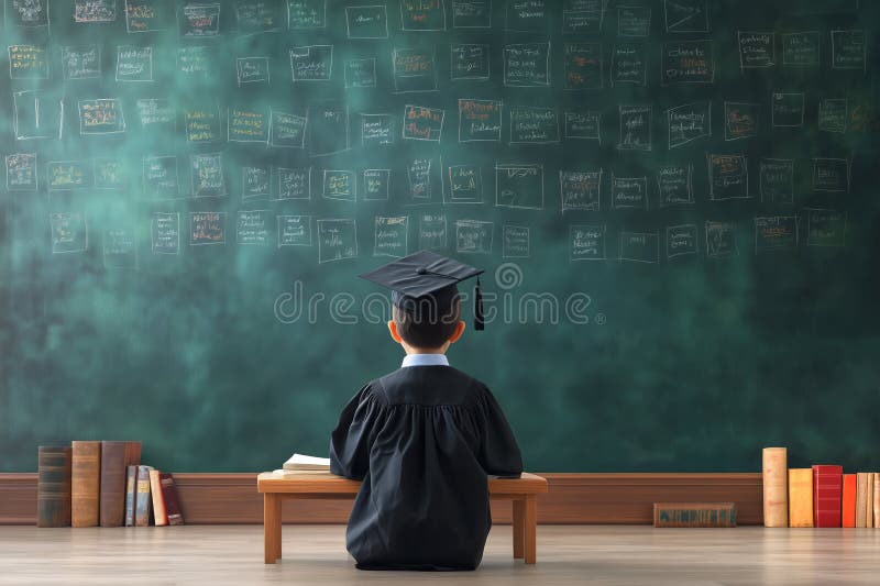 Young Boy in Graduation Cap and Gown, Sitting at a Desk, Looking at a ...