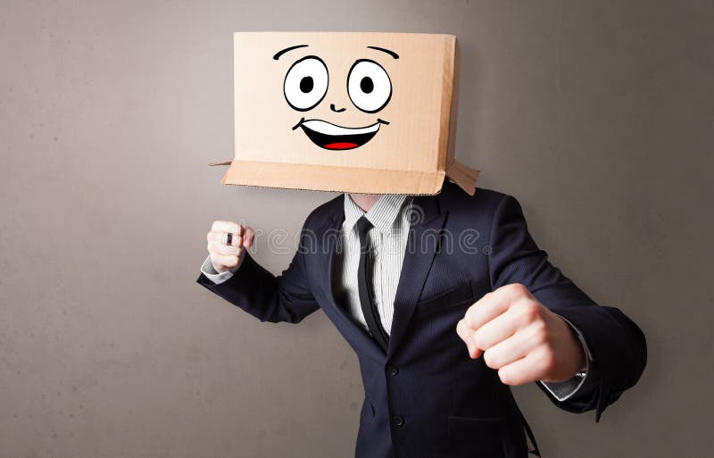 Young Boy with Happy Cardboard Box Face Stock Image - Image of head ...