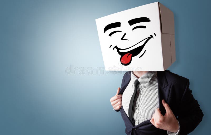 Young Boy with Happy Cardboard Box Face Stock Image - Image of mask ...