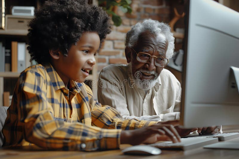 Young Boy Helping Older Man on Computer in Office Stock Image - Image ...