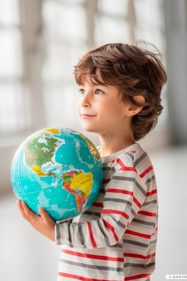 Young Boy Holding Globe, Dreaming of Adventure and Exploration, Global ...