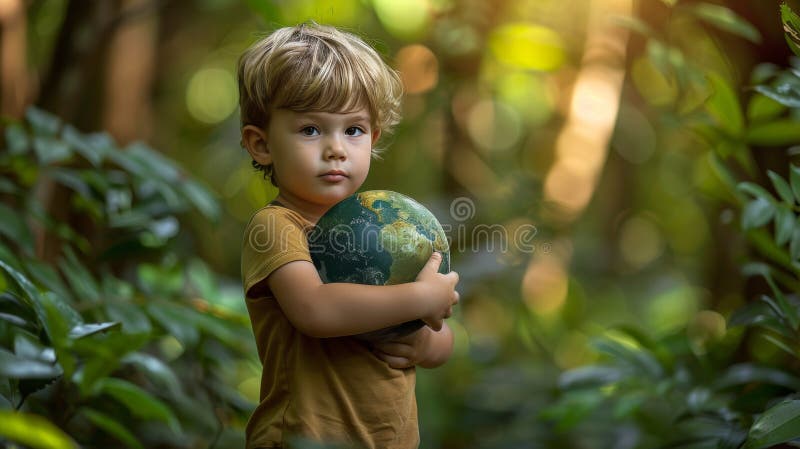 Young Boy Holding a Globe in Lush Green Forest, Symbolizing ...