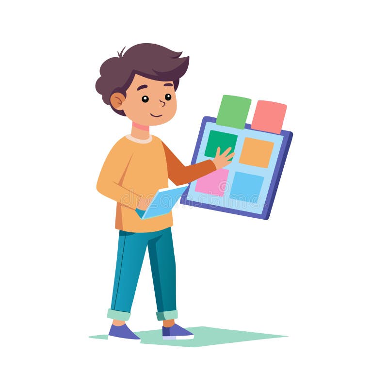 Young Boy Holding Tablet with Colorful Sticky Notes Vector Illustration ...
