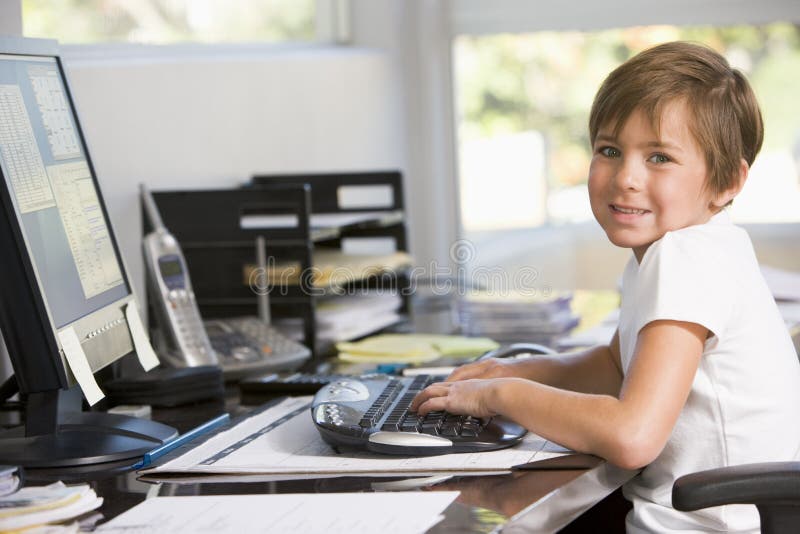 Young Boy in Home Office with Computer Stock Photo - Image of internet ...