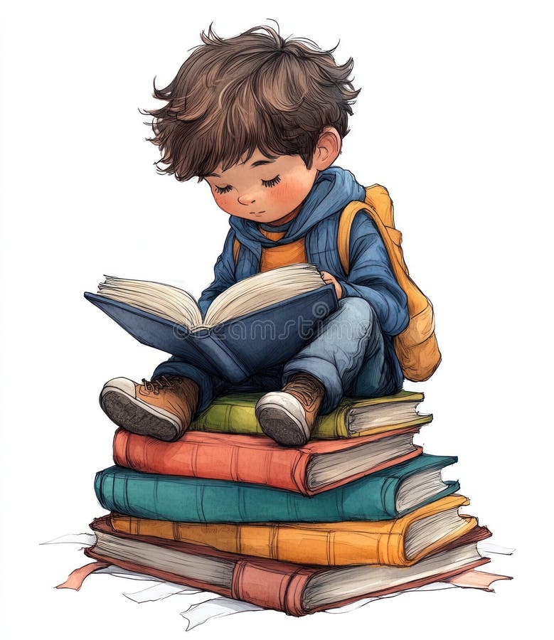 Young Boy Illustration Reading Book on Stack of Books Stock ...