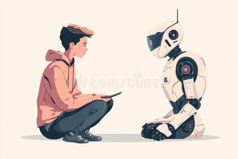 Young Boy Interacting with a Humanoid Robot in a Futuristic Setting ...