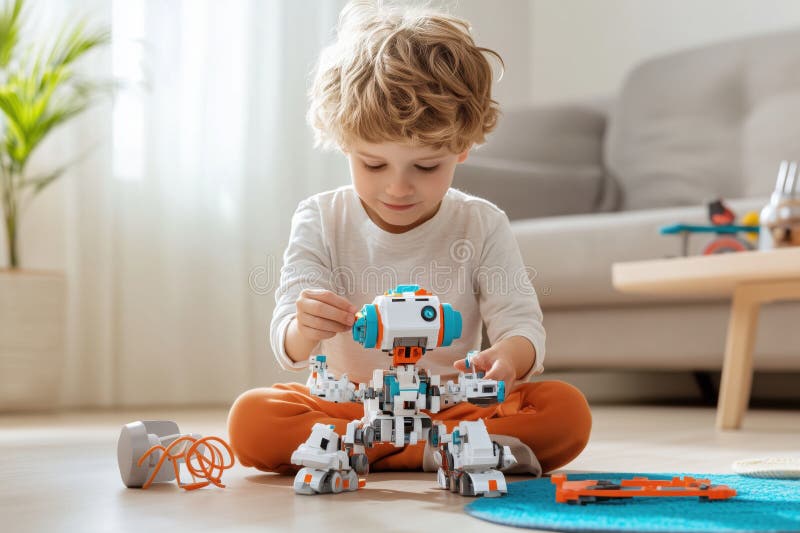 Young Boy Joyfully Assembling a Small Robot Using a DIY Kit in a Bright ...