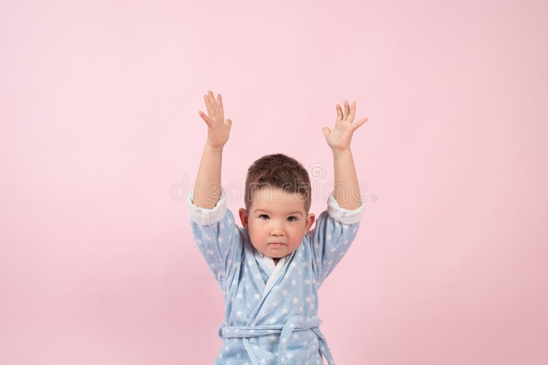 Young Boy Kid with Hands Spreading Up on Pink Stock Image - Image of ...