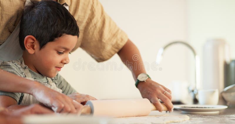 Young Boy Learning Baking, Parents and Dough for Bread, Bonding and ...