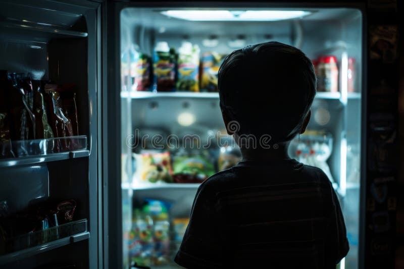 Young Boy Looking into a Brightly Lit Open Refrigerator at Night Stock ...