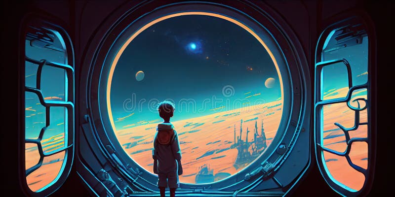 Young Boy Looking Out the Window in a Spaceship. Stock Illustration ...