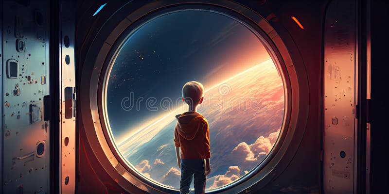 Young Boy Looking Out the Window in a Spaceship. Stock Illustration ...