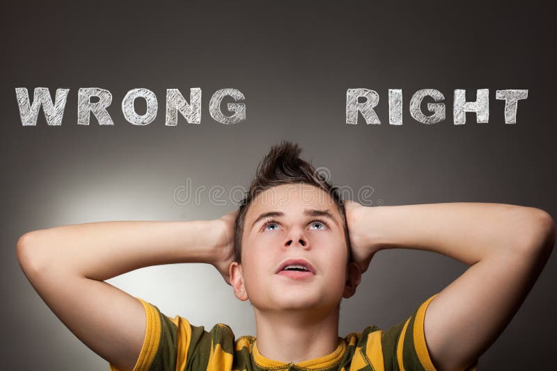Young Boy Looking Up at Wrong and Right Stock Photo - Image of problems ...