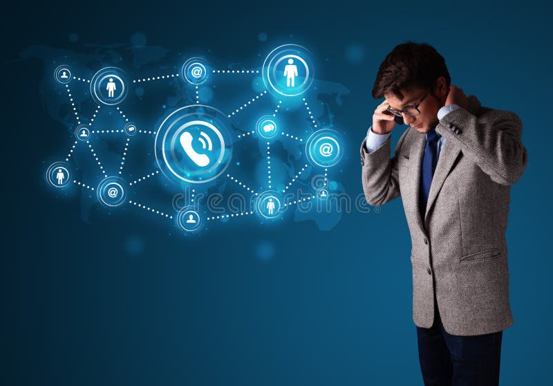 Young Boy Making Phone Call with Social Network Icons Stock Image ...
