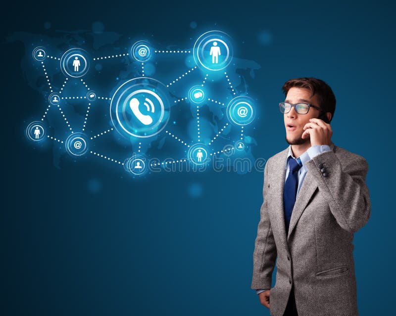 Young Boy Making Phone Call with Social Network Icons Stock Image ...