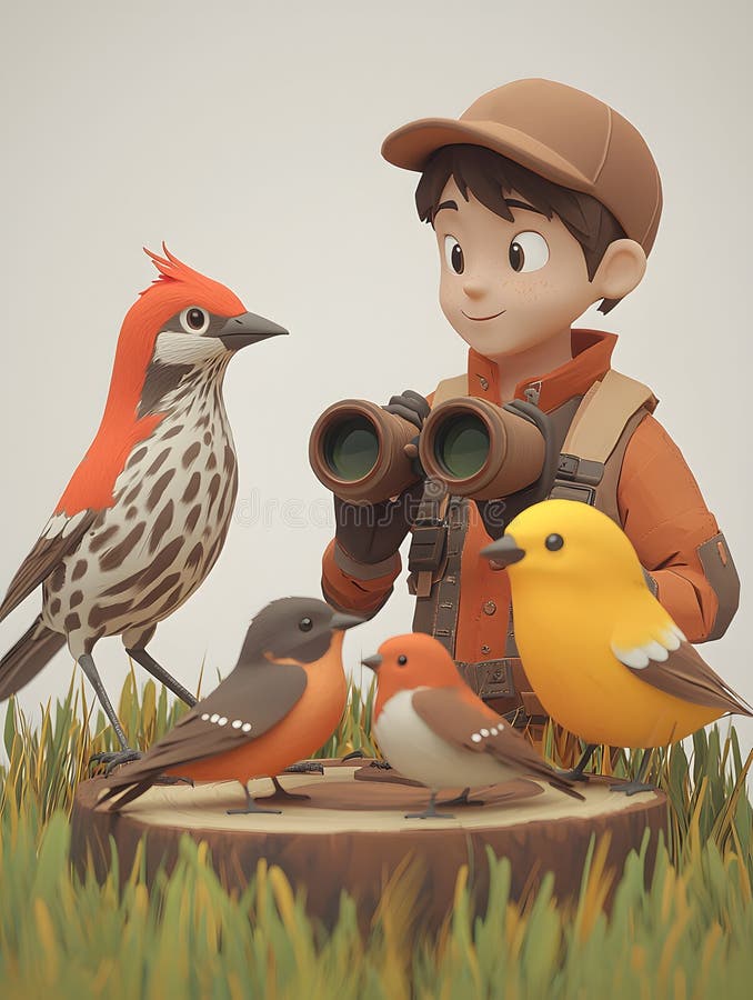 Young Boy Observing Colorful Cartoon Birds Stock Illustration ...