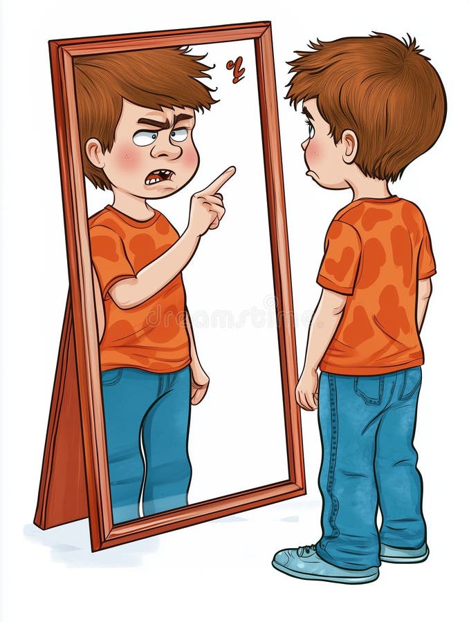 Boy Arguing with His Reflection in a Mirror Stock Illustration ...