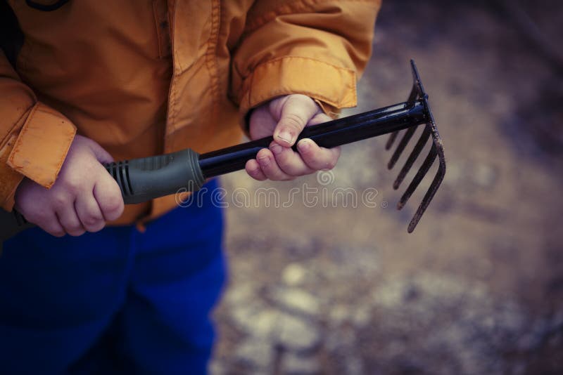 Young boy play with rake stock photo. Image of season - 91616006