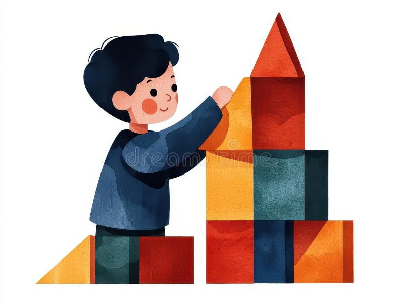 A Young Boy Playing with Colorful Blocks, Building a Tower Stock ...