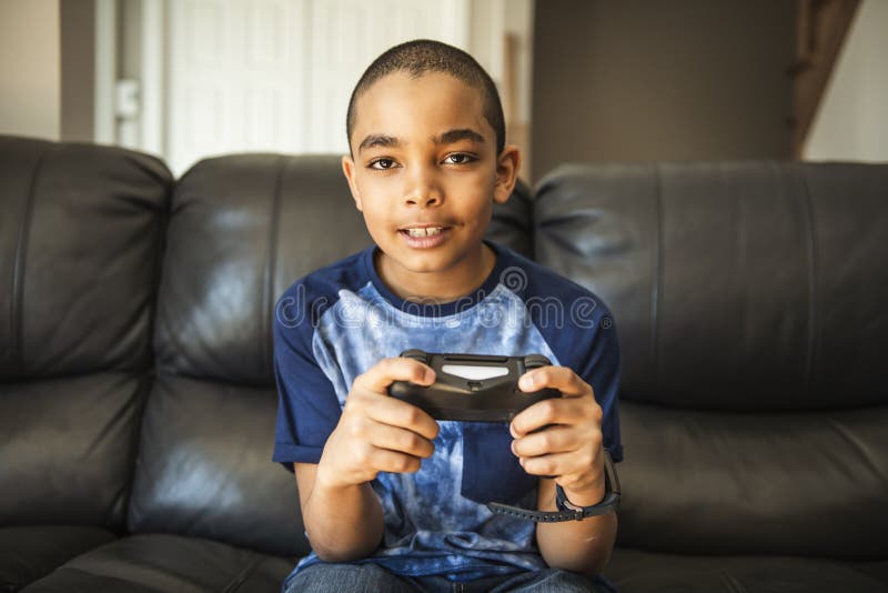 Young Boy Playing Video Game, at Home. Stock Image - Image of ...