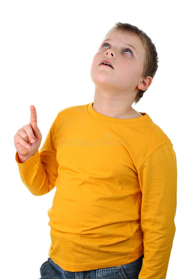 Young Boy Points His Finger Up Isolated on White Stock Image - Image of ...