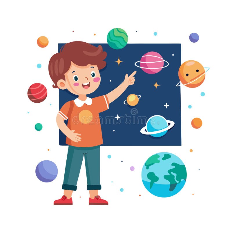 Boy Pointing at Solar System Planets: Educational Illustration for ...