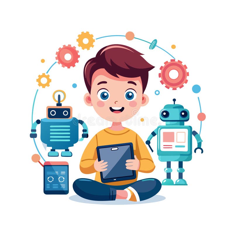 Young Boy Programming Robots on Tablet, STEM Education Illustration ...