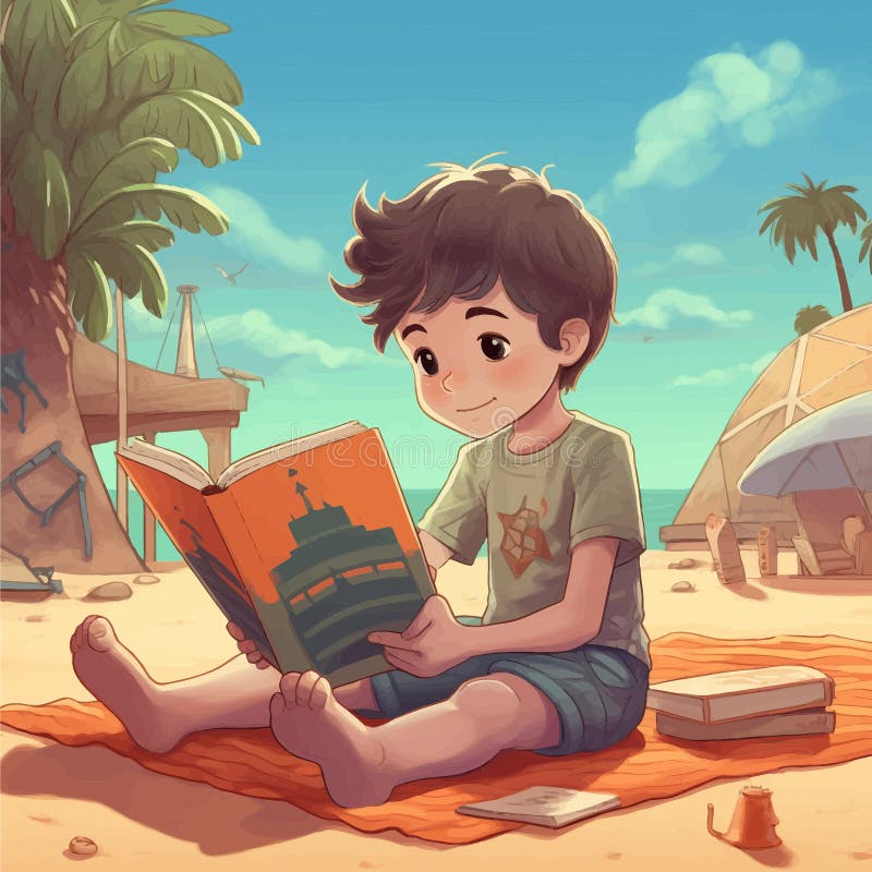 A Young Boy Reading at the Beach Stock Photo - Illustration of jungle ...