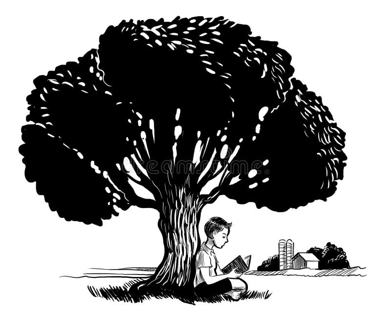 Young Boy Reading a Book Under the Tree Stock Illustration ...