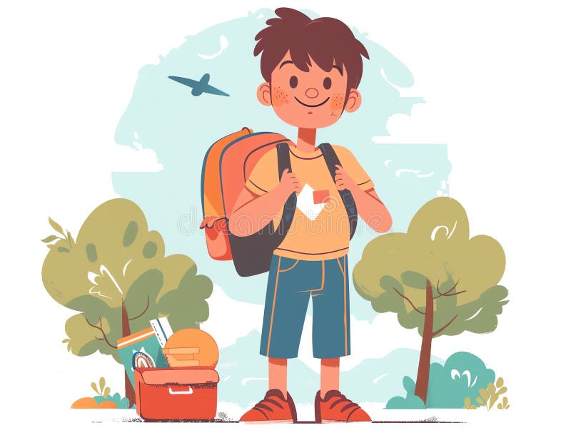 Young Boy Ready for School with Backpack and Supplies in a Cartoon ...