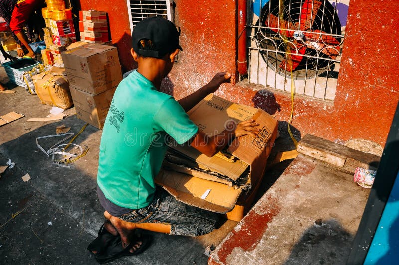 Young Boy Recycles Boxes in Yangon. Editorial Photo - Image of lady ...