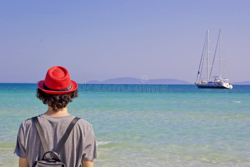 Young Boy in Red Hat on the Beach Stock Photo - Image of lifestyle ...