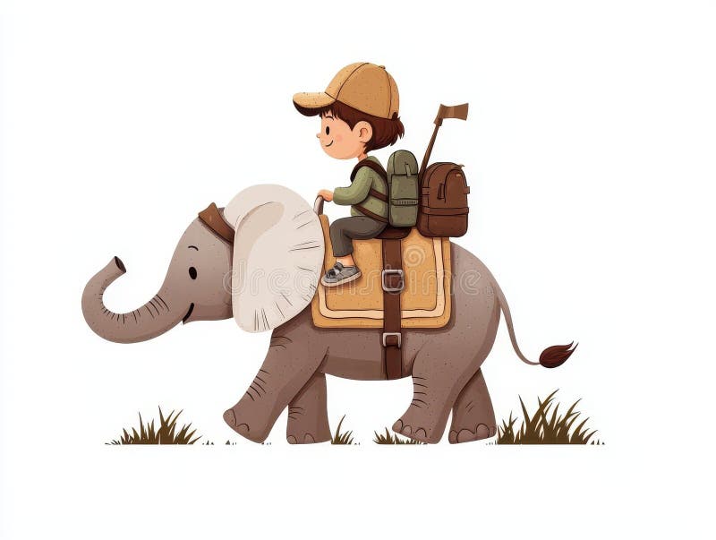A Young Boy Rides an Elephant through the Savanna on a Sunny Day Stock ...