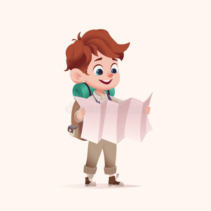 Young Boy Scout with Backpack Holdilding Road Map. Modern Cartoon 3D ...