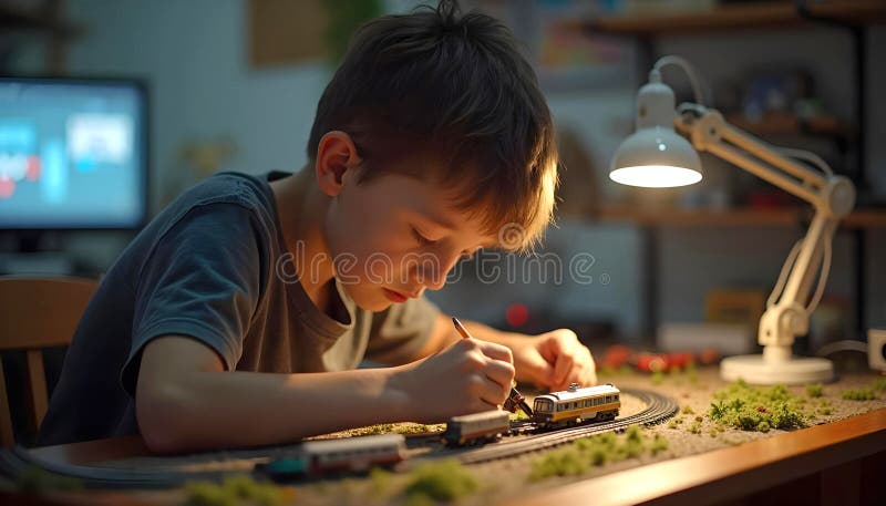 Autistic Boy in Hyperfocus Working on Miniature Train with ...