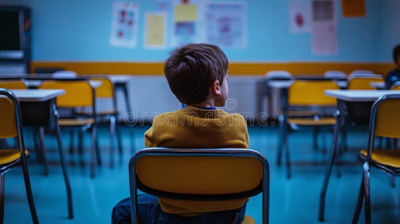 A Young Boy Sits Alone at a Desk in an Empty Classroom, Symbolizing ...