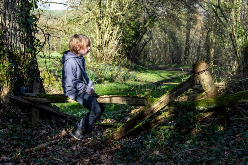 A Young Boy Sits on a Log in the Forest and Rests Stock Image - Image ...