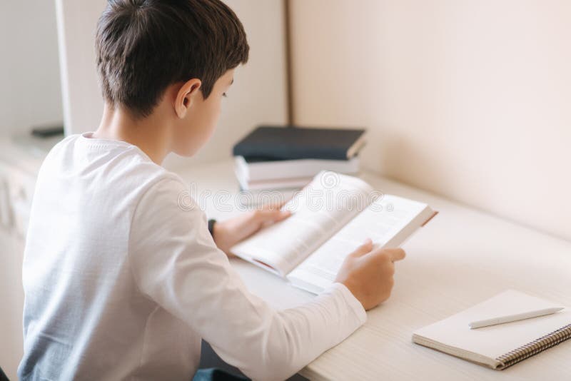 Young Boy Sitting at Desk Read the Book and Whright Down in Notebook ...