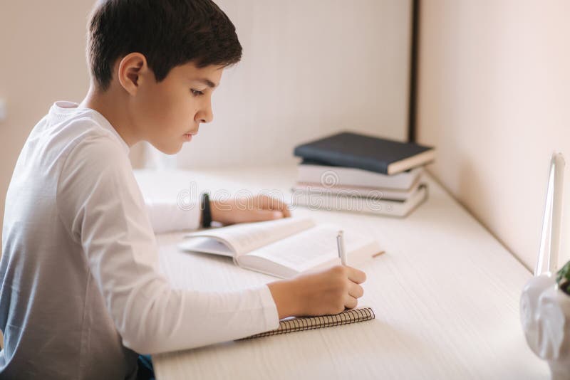 Young Boy Sitting at Desk Read the Book and Write Down in Notebook ...