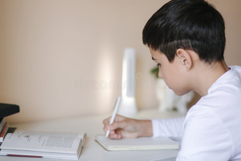 Young Boy Sitting at Desk Read the Book and Write Down in Notebook ...