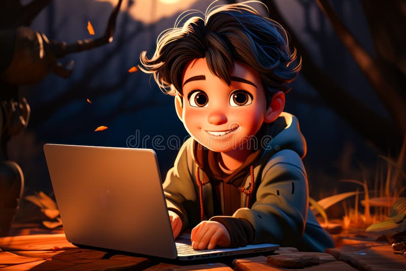 Young Boy Sitting in Front of Laptop Computer on Top of Wooden Table ...