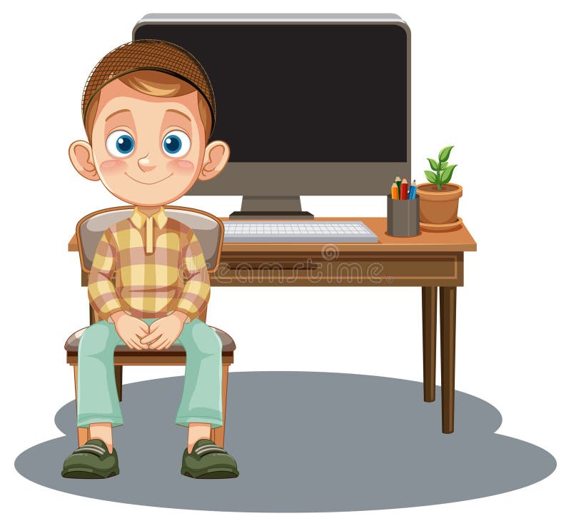 Young Boy Sitting Near a Computer Stock Vector - Illustration of plaid ...