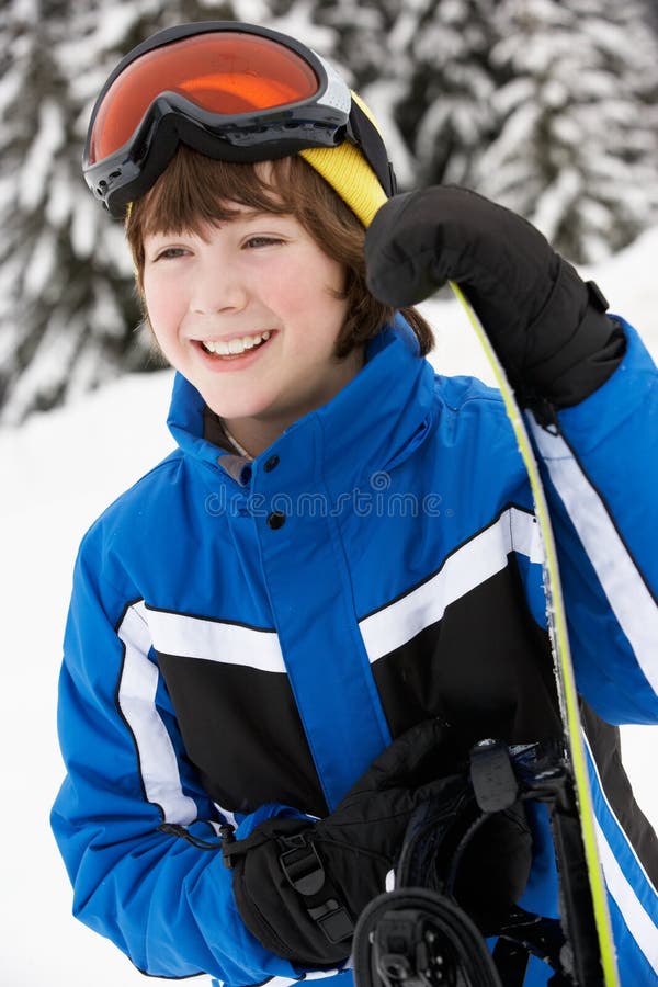 Young Boy with Snowboard in Mountains Stock Image - Image of snowboard ...