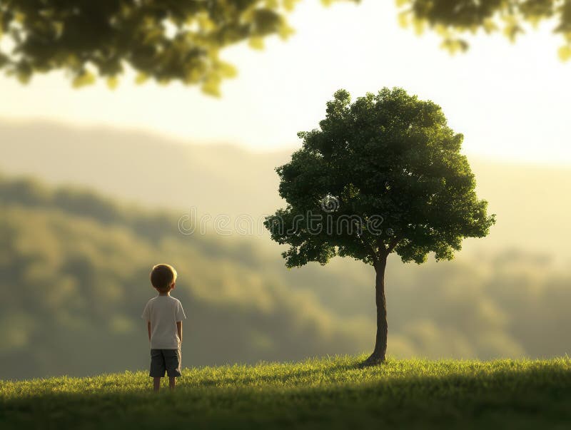Young Boy Standing in a Field, Looking at a Tree in the Distance Stock ...