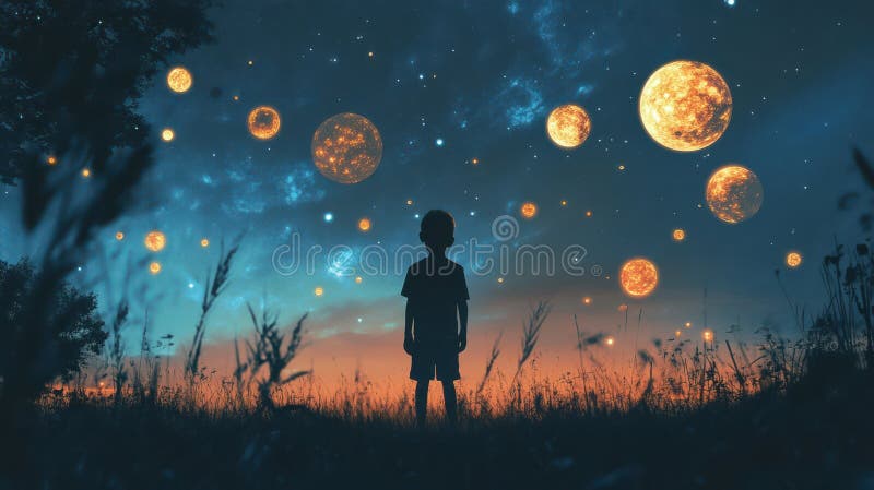 Young Boy Standing among Glowing Planets Under Night Sky Stock ...