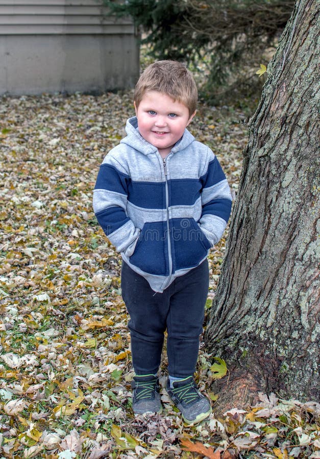 Young Boy Standing by a Fall Tree Outdoors Stock Photo - Image of ...