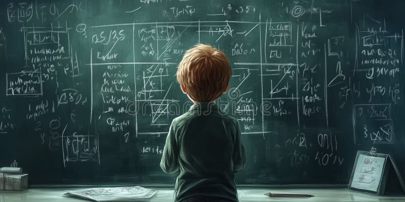 Young Boy Stands in Front of Chalkboard Filled with Complex Equations ...