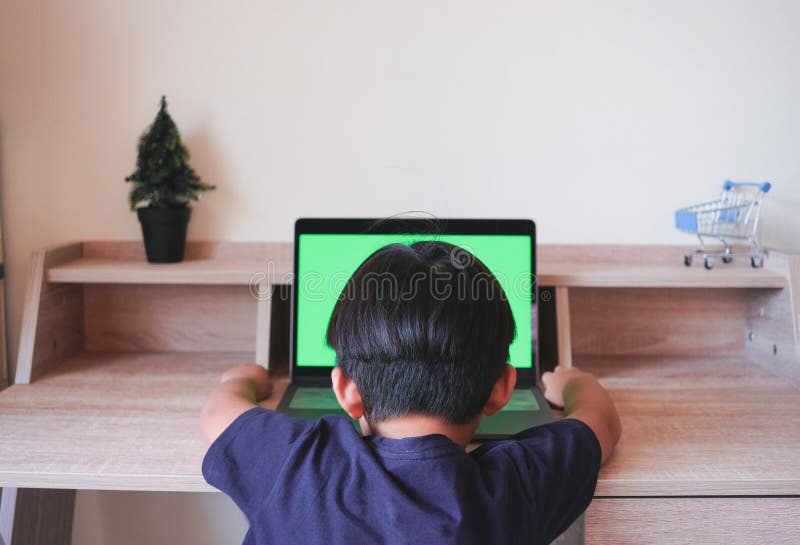 Young Boy Stay at Home while Watching Something on Laptop from Behind ...