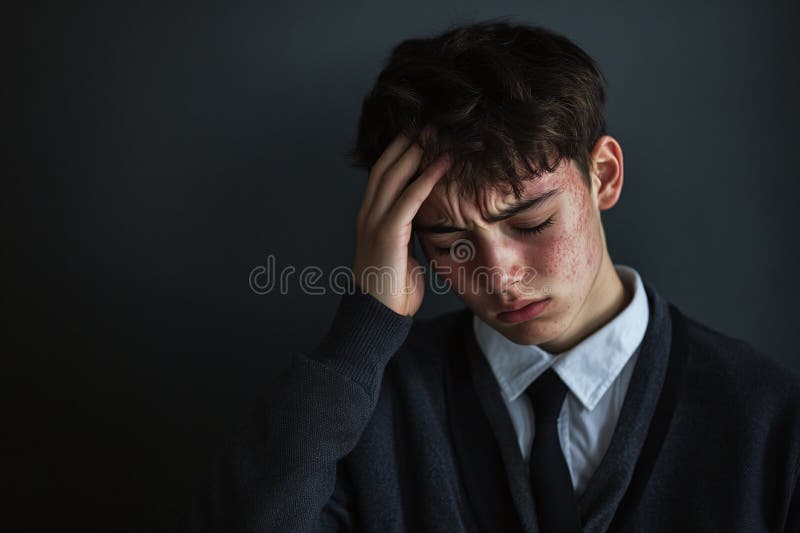 Young Boy Stressing Over Homework with Pained Expression in Dark ...